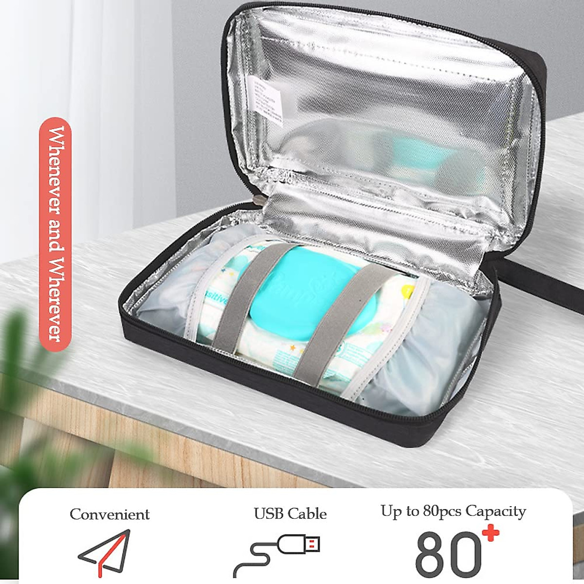 DURASIKO Portable USB Car Wipes Heater Warmer with Digital Display Screen,5V/10W Baby Wipes Thermostat Heating Bag,Heating Temperature Adjustable,Up to 80Pcs Wipes Capacity,for Car/Home/Travel/Camping