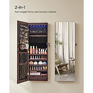 SONGMICS Hanging Jewelry Cabinet, Wall-Mounted Cabinet with LED Interior Lights, Door-Mounted Jewelry Organizer, Full-Length Mirror, Gift Idea, Brown UJJC99BR