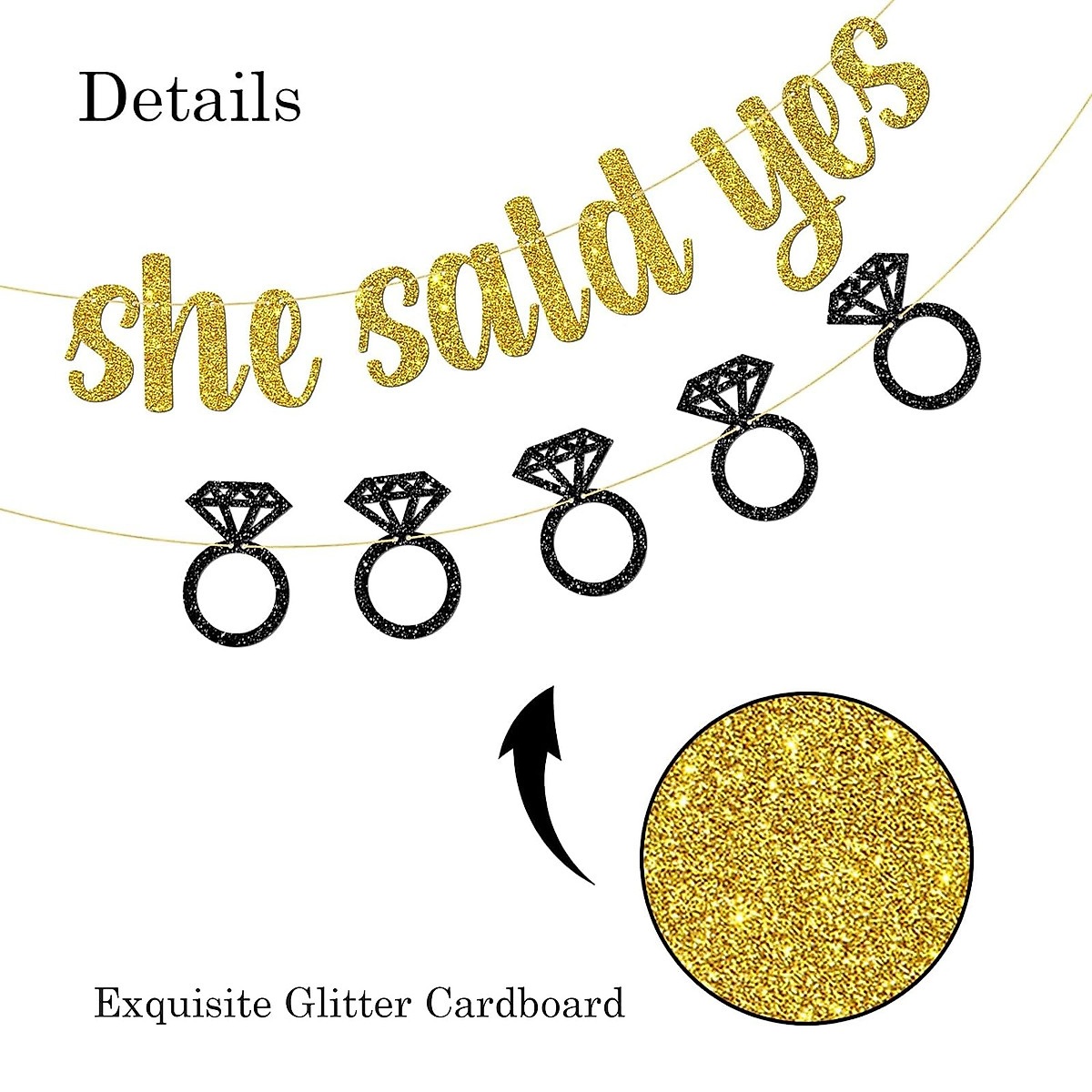 Belrew She Said Yes Banner, Wedding, Engagement Party Decor, Bridal Shower Party Decoration Supplies, Glittery Gold & Black