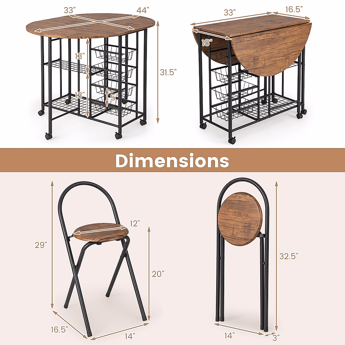 COSTWAY 3 Piece Dining Table & Chair Set, Versatile Collapsible Table with 2 Storage Shelves & 4 Pull-Out Baskets, Drop Leaf Table with 2 Folding Stools for Kitchen, Dining Room, Rustic Brown