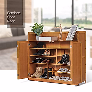 MoNiBloom 5 Tier Bamboo Shoe Cabinet with Doors, Bamboo Free Standing Shoe Shelf Organizer Storage w/High Baffle for 21-25 Pairs Entryway Hallway Office Home, Brown