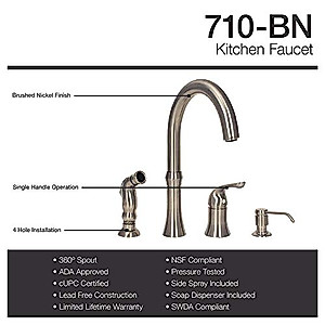 MR Direct 710-bn Brushed Nickel 4-Hole Single-Handle Standard Kitchen Faucet with Side Spray and Soap Dispenser