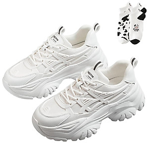 LELEBEAR Chunky White Sneakers Women, Fashion Mesh Platform Sneakers, Casual Jogging Walking Shoes with Cute Socks (White C, Adult, Women, 7, Numeric, US Footwear Size System, Medium)