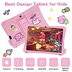 WeTap Kids Tablet Android Tablets丨Android 11 Tablet for Kids 2+32 GB Toddler Tablet 1024x600 IPS Touch Screen Dual Camera WiFi 5.0 Parental Control with Kid-Proof Case (Pink)…