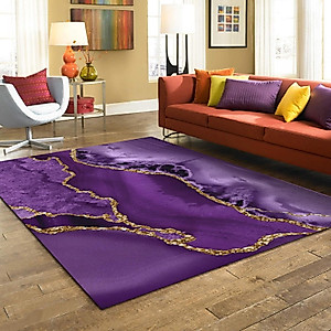 HEISEM Light Luxury Purple Gold Marble Texture Area Rugs, Modern Abstract Gold Stripe Art Kids Rug, for Room Sofa Living Room Mat Bedroom Home Decor Floor Mats,2 x 3ft