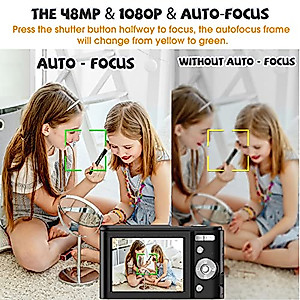 Digital Camera, Bofypoo Autofocus Kids Vlogging Camera FHD 1080P 48MP with 32GB Memory Card, 16X Zoom Point and Shoot Digital Camera, Compact Camera for Teens,Beginners