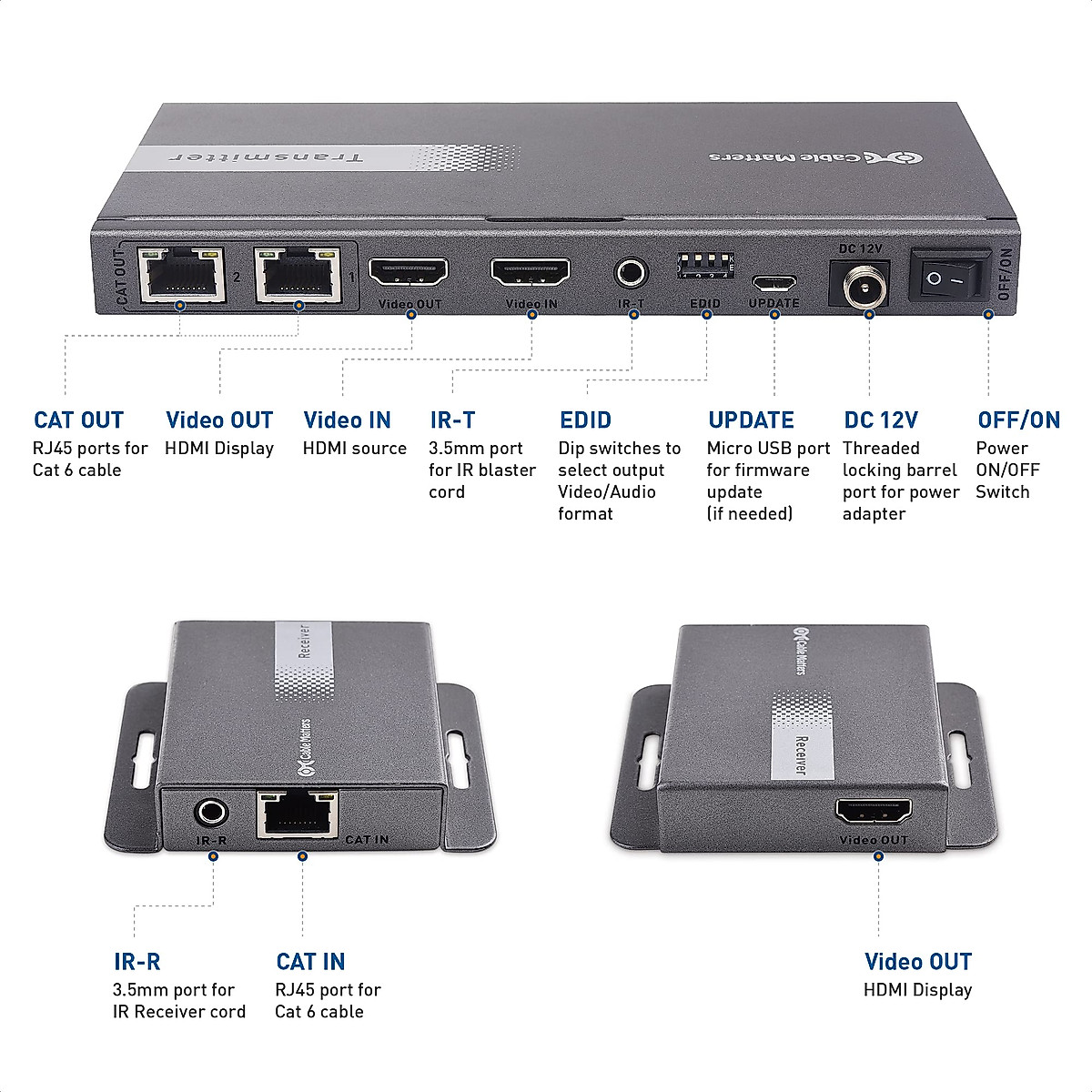 Cable Matters 4K 1x2 HDMI Extender Splitter (4K HDMI Over Ethernet Extender Kit) for 1-to-2 Setups – Supports 4K up to 131 Feet / 1080p up to 230 Feet