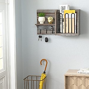 J JACKCUBE DESIGN Wall Mounted Rustic Wood Key & Mail Sorter Organizer with 3 Key Hooks and Shelf - for Entryway or Mud Room – Holds Documents, Bills, Letters, Keys and More- MK232A
