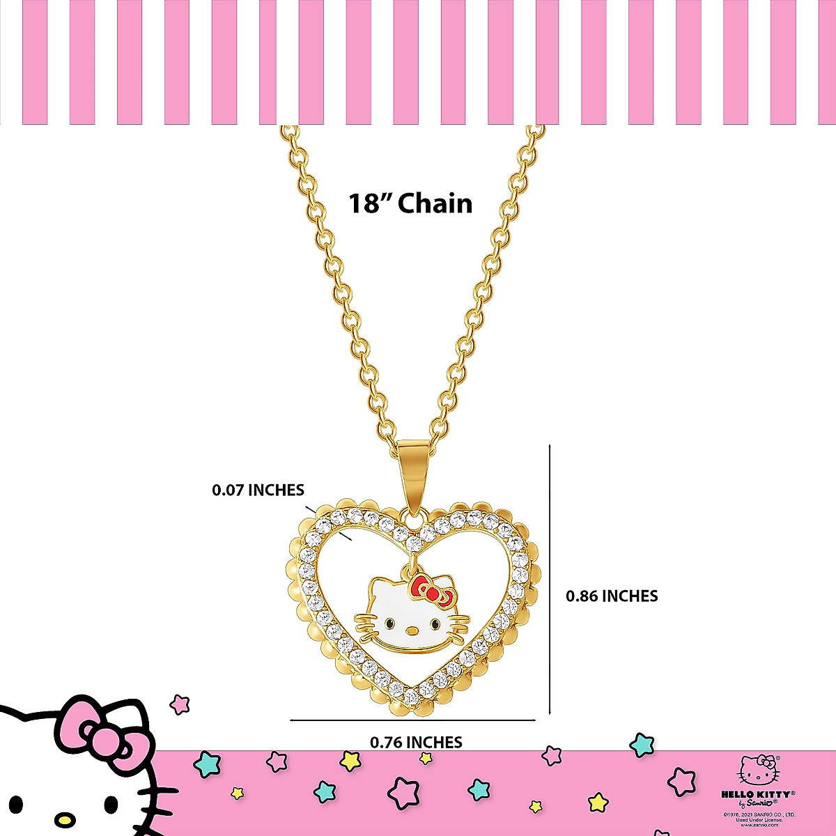 Hello Kitty Sanrio Womens Heart Necklace Charm 18" - Flash Plated Necklace Official License