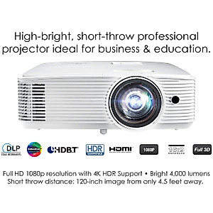 Optoma EH412ST Short Throw 1080P HDR Professional Projector | Super Bright 4000 Lumens | Business Presentations, Classrooms, or Meeting Rooms | 15,000 Hour lamp Life | Speaker Built in | Portable