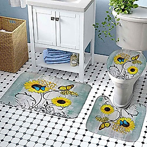 Dia Magico 4PCS Yellow Sunflower Shower Curtain Set, Magic Floral Blue Butterfly Black Plant Botanical Teal Barnwood Country Rustic Farmhouse Bathroom Decor, Fabric Shower Curtain, Non-Slip Bath Mat