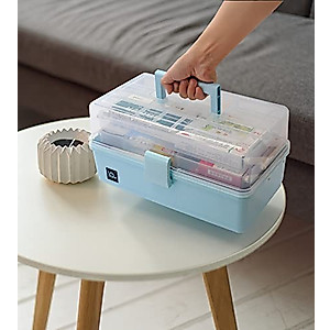 3 Layers Plastic Portable Storage Box, Multipurpose Organizer and Storage Case for Art Craft and Cosmetic, Portable Handled Storage Box for Home, School, Office, First Aids (Blue)