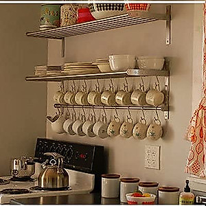 QQOUTLET Stainless Steel Kitchen Organizer Set 31.5" for Hanging Pots and Pans Set and Lid Organizer, Silver (2X Shelf, 2X Rail, 30 Hooks)