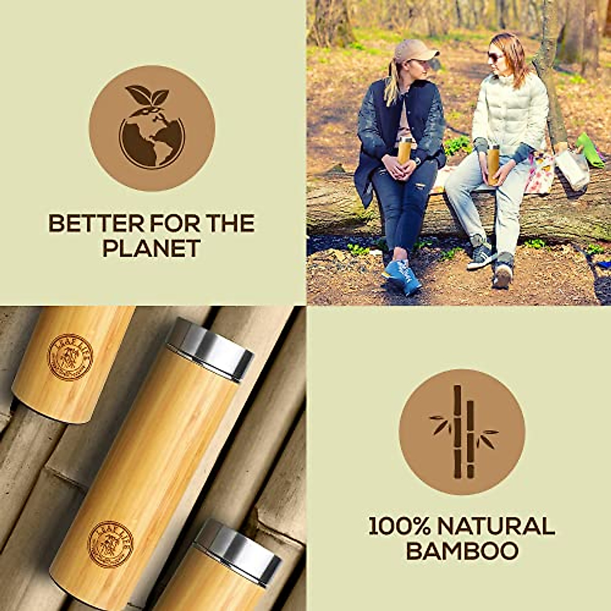 LeafLife Sustainable Bamboo Tumbler with Tea Infuser & Strainer 12oz - Keeps Liquid Hot & Cold for 12 Hrs - Vacuum Insulated Stainless Steel Travel Mug - Infuser Bottle for Loose Leaf Tea & Coffee
