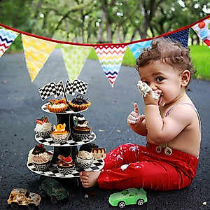 3 Sets Race Car Party Decorations 3 Tier Round Cardboard Cupcake Stand for Racing Cars Birthday Party Supplies 100 Checkered Baking Cups Liners 100 Race Car Flag Black and White Fast Party Decorations