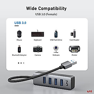USB Hub, uni 4-Port Hight-Speed USB 3.0 Hub, Portable Aluminum USB Splitter Compatible with PC, Laptops, Mouse, Keyboard, Flash Drive, Mobile HDD, Car, and More.