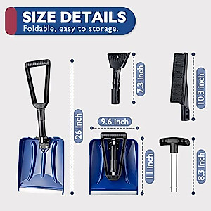 Folding Emergency Snow Shovel for Car Portable Lightweight Shovel Kit with Ice Scraper Snow Brush and T-Grip Handle Aluminum Edge Blade 9" Compact Snow Removed for Vehicle Camping Home Garden