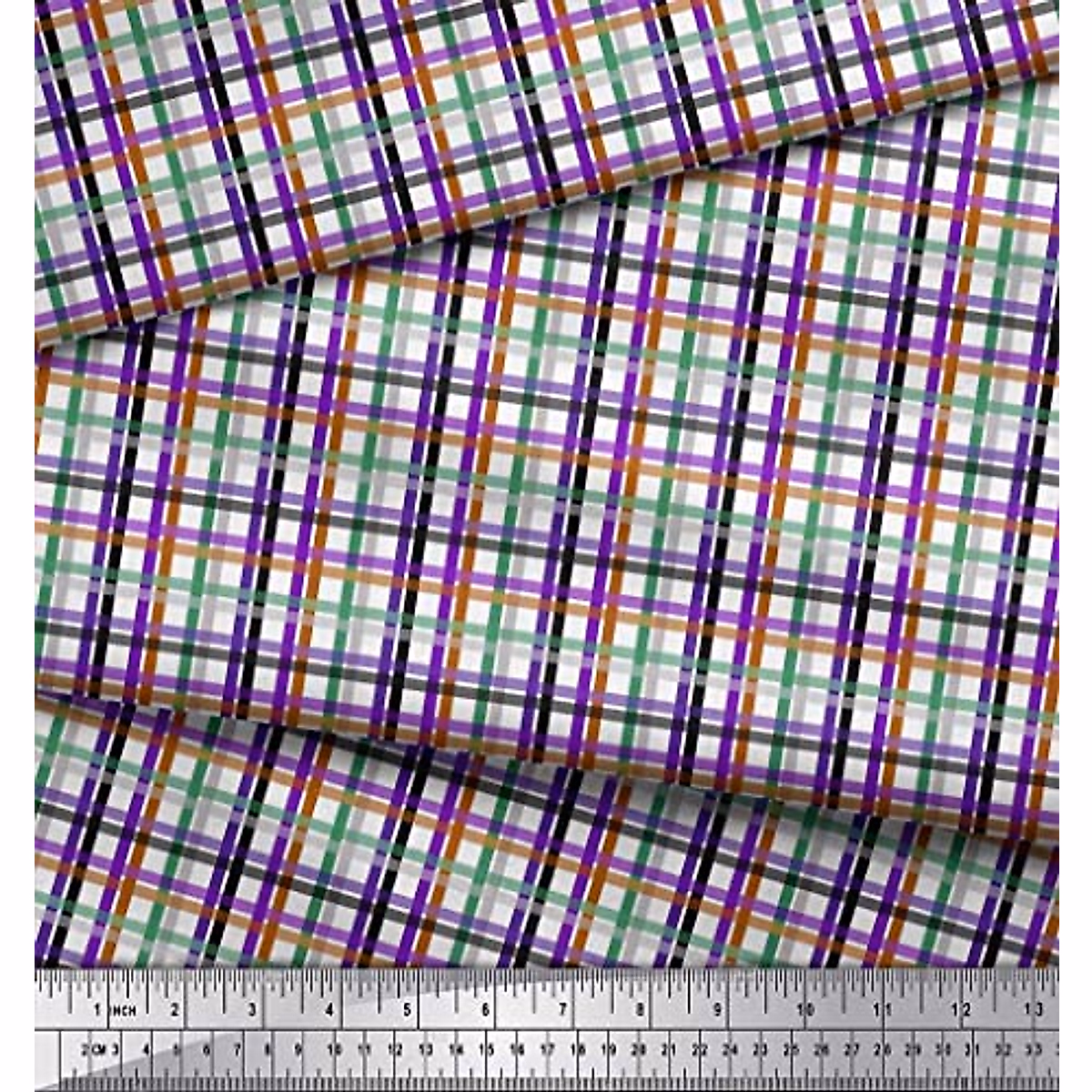 Soimoi Purple Cotton Canvas Fabric Window Pane Check Print Fabric by The Yard 56 Inch Wide