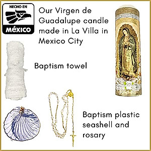 Baptism Candle Set for Boys and Girls with Our Virgen de Guadalupe Candle, Rosary, Towel and Plastic Shell Included - Velas para bautizo - Baptism kit Catholic with Candle
