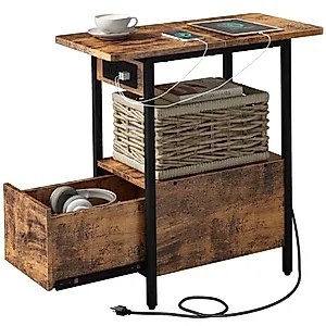 LIDYUK End Table with Charging Station, Narrow Side Table with Drawer and USB Ports & Power Outlets, Nightstand Bedside Tables for Small Spaces, Bedroom, Living Room, Brown