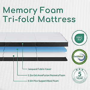 Airdown Tri-Fold Memory Foam Mattress, 3 inch Full Folding Mattress with Washable Cover, Foldable Mattress Portable for RV Camping, Guest Mat, Easy Storage, 75"×54"×3"