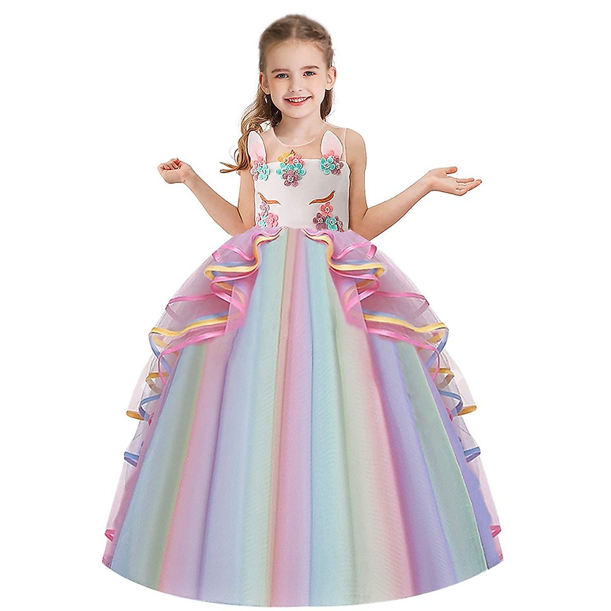 WOCINL Girls Princess Dress Unicorn Outfits Sleeveless Rainbow Party Birthday Wedding Christmas Halloween Carnival Costume Multicolored 4-5T