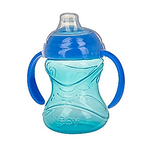 Nuby 3 Piece No-Spill Grip N’ Sip Cup with Silicone Soft Flex Spout, 2 Handle with Clik It Lock Feature, Boy, 10 Ounce