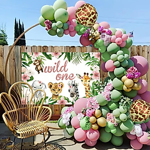 Pink Wild One Balloon Arch with Backdrop 59x40 Inch for Wild One Birthday Decoration, Safari Jungle Balloons Garland Arch Kit Giraffe Pink Sage Green Balloons of First 1st Birthday Decorations Girl