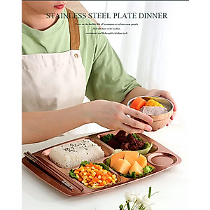 QOBIMOON 18/8 Stainless Steel Divided Plate, Food Trays 4 Section Dinner Plate with Bowl, Chosticks and Spoon, Camping Dishes, Adult Lunch and Dinner-Rainbow Color