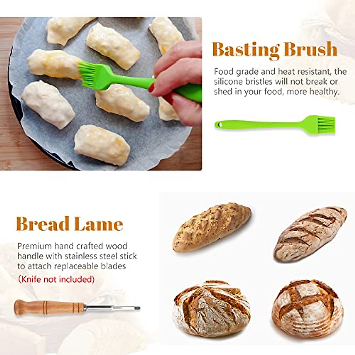 Bread Proofing Basket, ELVASEN 9" Round & 9.8" Oval Bread Making Tools Set of 2 - Bread Making Kit Include Bread Proofing Baskets, Linen Cloth Liner, Scraper, Basting Brush