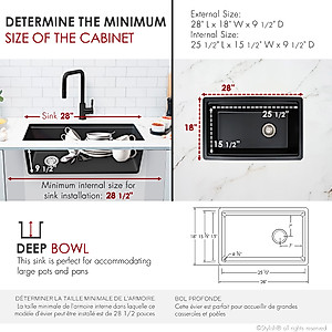 STYLISH 28 x 18 inch Workstation Dual Mount Granite Composite Single Bowl Reversible Kitchen Sink with Regular Strainer, Colander, Drying Rack and Cutting Board (Black) S-828WN
