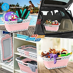 Pop & Load Collapse & Store 1 Large 25" Slim Collapsible Plastic Laundry Basket, Space Saving Portable Pop Up Storage & Organization Basket, 3" High When Folded, 3 Comfort Grip Handles, Blush Pink