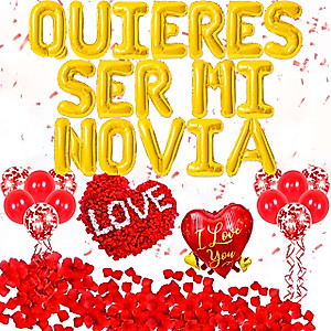 QUIERES SER MI NOVIA BALLOONS - 16" Inch Alphabet Letters Foil Mylar Balloon, Quieres Ser Mi Novia Balloons Spanish with 500 Pcs Artificial Rose for Valentines Anniversary Day Banner Decorations