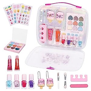 Makeup Kit for Girls, 17 Pcs Real Washable Pretend Play Cosmetic Set Toys with Lip Gloss Nail Polish Nail Stickers, Birthday Gifts for 3 4 5 6 7 8 9 10 Years Old Girls