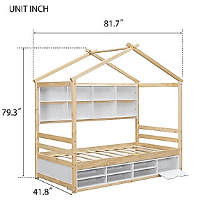 VilroCaz Twin Size House Bed with Bedside-Shelves and Under Bed Storage Unit, Wood Platform Bed Frame Daybed with Roof and Sturdy Slats Support for Kids Teens Girls Boys