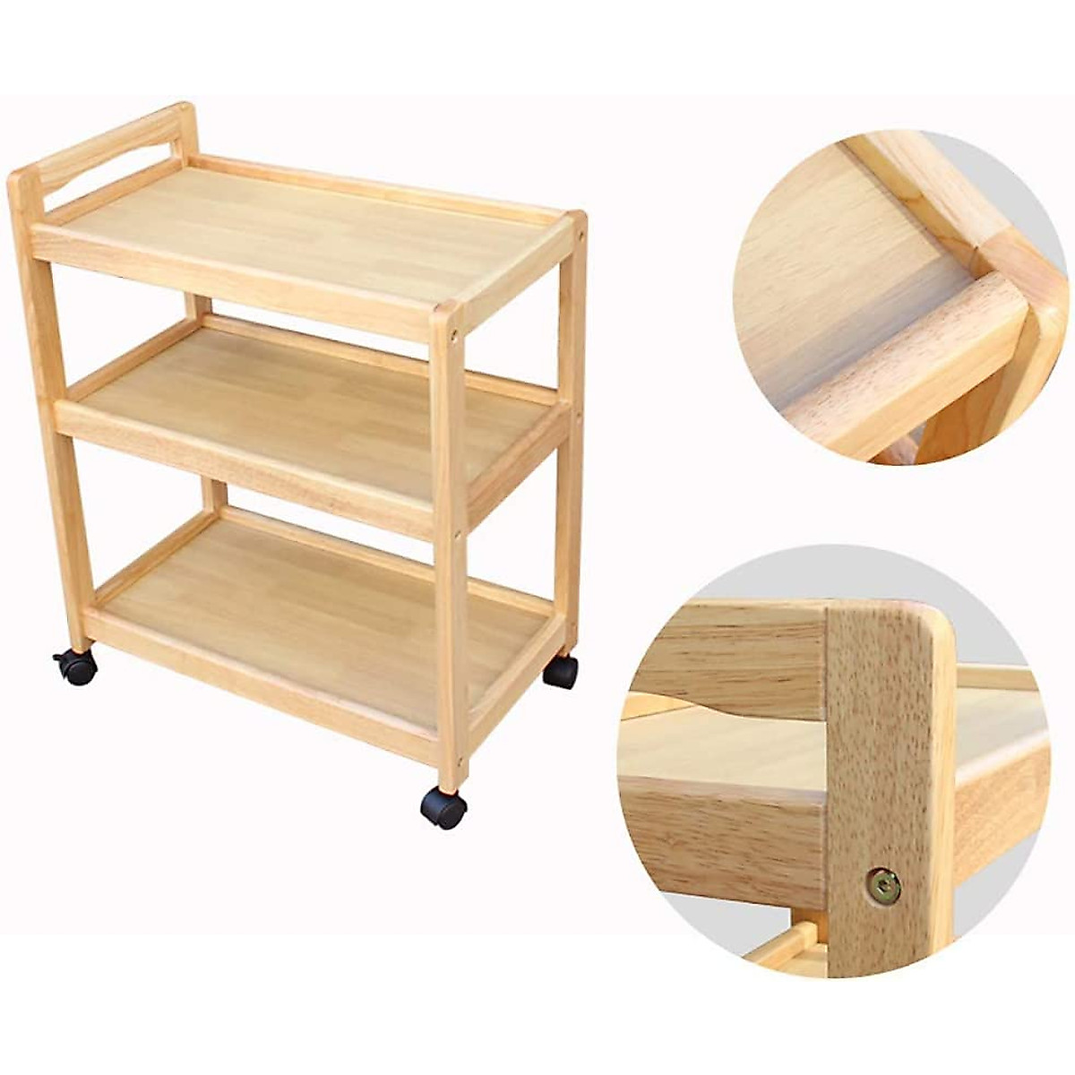 Durable Simple Solid Rolling Cart Bar Cart 3 Layers Dining Cart Wooden Bracket Solid Wood Tray 4 Universal Wheels with Locking Wheels Practical