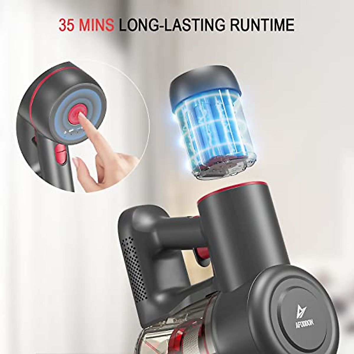 Afoddon Cordless Vacuum Cleaner, 250W 25000PA Powerful Stick Vacuum Cleaner with 2200mAh Battery 35Mins Runtime 6 in 1 Lightweight Vacuum Cleaner for Hardwood Carpet Pet Hair Car Cleaning