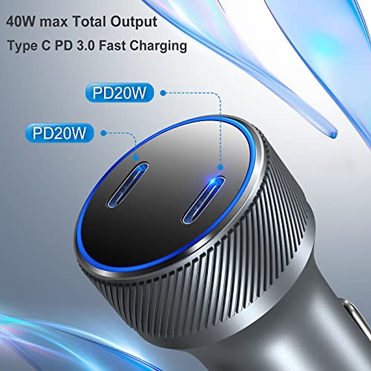 USB C Car Charger 40W, OKRAY 2-Pack Dual Port PD 3.0 Fast Charging USB Type C Car Charger Cigarette Lighter Adapter with LED Compatible with iPhone 14/13/12/11/iPad, Galaxy S22 S21 Note 20 10 (Grey)