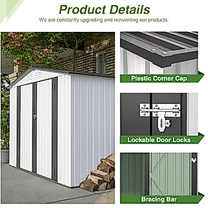 SumKea 8ftx6ft Tool Shed Outdoor Storage, Galvanized Steel Metal Shed, Tool Shed Equipped with Vents and Lockable, Outdoor Tool Shed Ldeal for Backyards, Patio, Gray White
