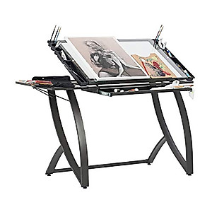 SD STUDIO DESIGNS Futura Luxe Drawing, Drafting, Craft Table with Drawer, 35" Wide Angle Adjustable Top and Side Shelf, Pewter Grey/Clear Glass