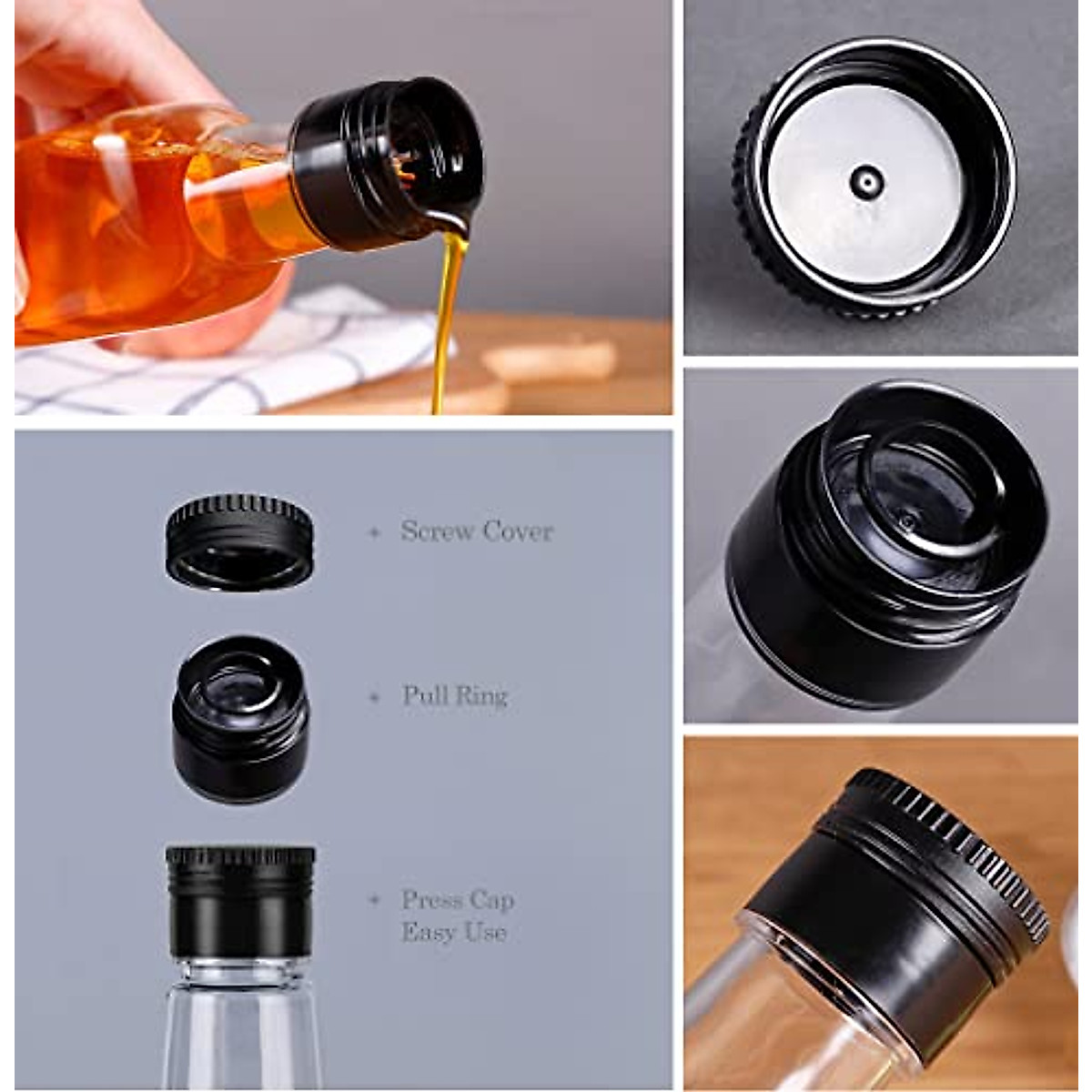 B SEPOR 6 Pack 1000ml Clear Quadra PET Empty Bottles 1 Quart Olive Oil Plastic Bottle with Caps (33.8 Fl Oz) - Long Neck Square Wine Bottles for Plant Watering Globe