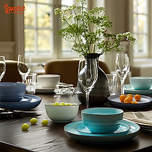 Sweese Plates and Bowls Sets, 18 Piece Dinnerware Set Porcelain Round Dinner Set for 6, Scratch Resistant Dishes Set, Dishwasher and Oven Microwave Safe Handpainted Swirl Dishware Sets, Assorted Blue