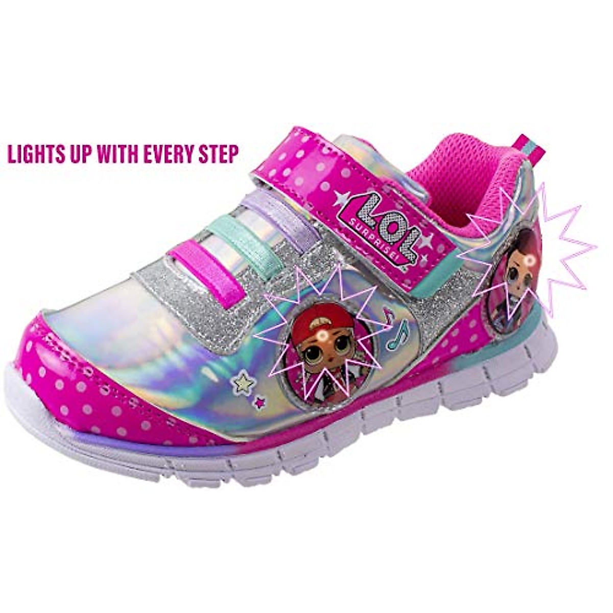 L.O.L. Surprise! Girls Sneakers, Light Up Tennis Shoe with Strap, MC Swag and Rocker, Pink, Girls Size 2