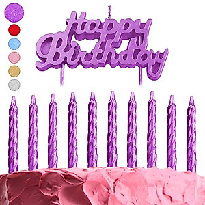 GET FRESH Purple Birthday Cake Candles Set – 10-Pack Spiral Metallic Candles and Happy Birthday Letter Candles Cake Topper – Glitter B-Day Candles and Cake Decoration Candles – Purple Birthday Candles