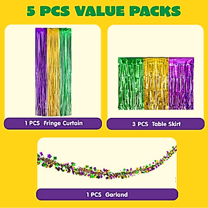 JOYIN 5PCS Mardi Gras Party Decoration with 1 PCS Fringe Curtain, 3 PCS Table Skirt and 1 PCS Garland Pack Mardi Gras Party Favor Supplies