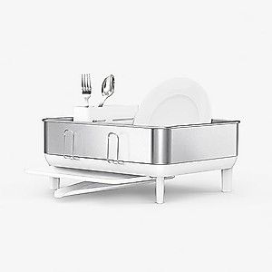 simplehuman Compact Kitchen Dish Drying Rack with Swivel Spout, Fingerprint-Proof Stainless Steel Frame, White Plastic