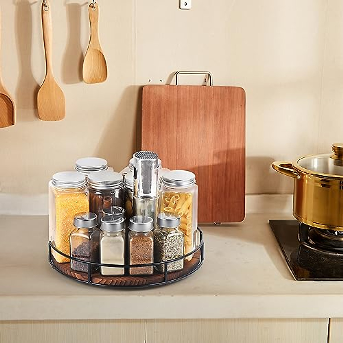 12" Lazy Susan Organizer - Non-Skid Wood Turntable Organizer for Cabinet, Pantry, Kitchen Countertop, Refrigerator, Spice Rack, Carbonized Black