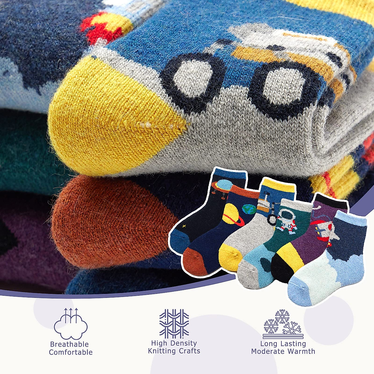Qterdiz Toddler Boys Wool Socks Kids Thick Winter Warm Socks Thermal Crew Socks for Boys Space 6 Pack 4-6 Years