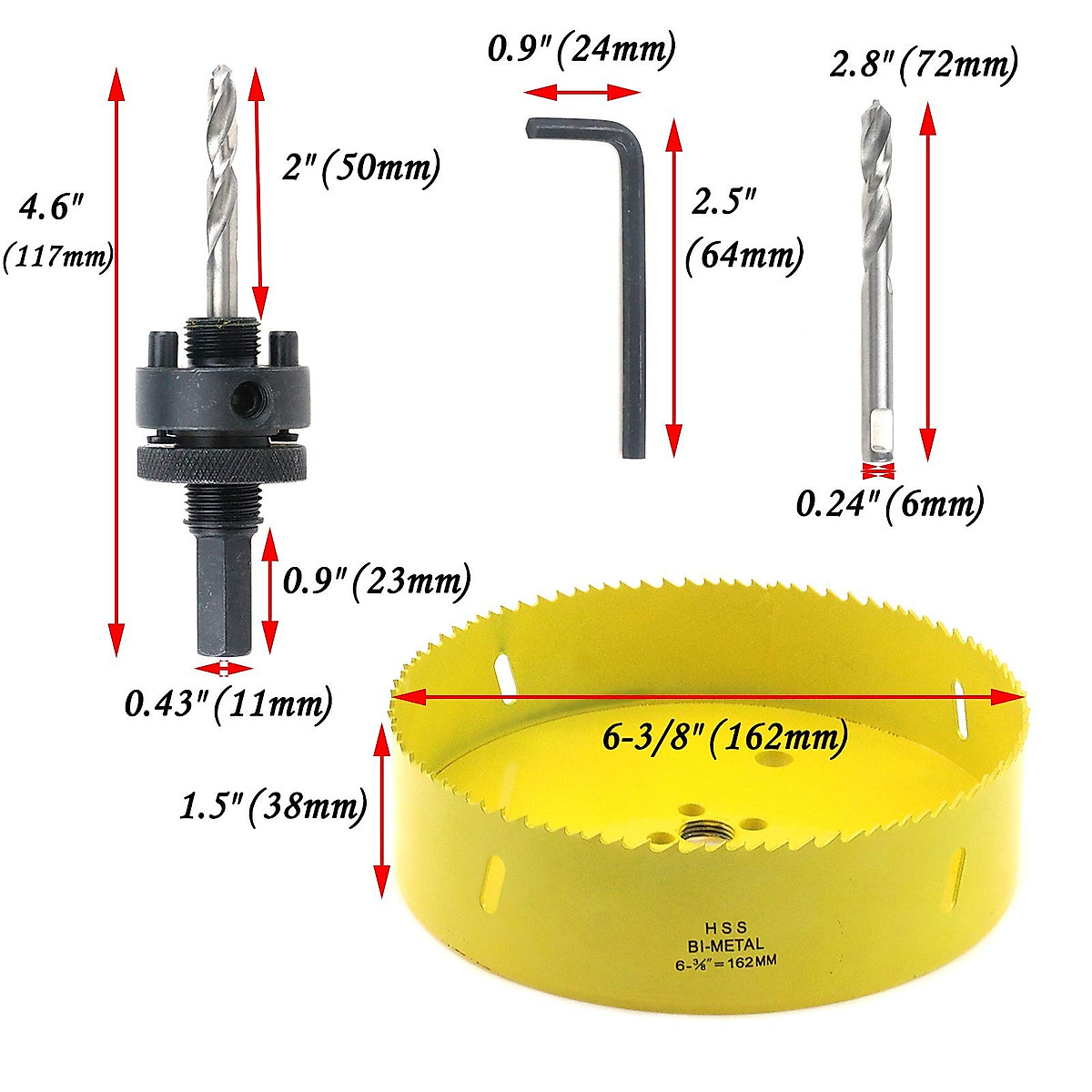 Antrader Heavy Duty 162mm/ 6-3/8" Bi-Metal Hole Saw, 38mm Depth High Speed Steel Wood Hole Cutter Bit with 1/2" Hex Shank Arbor for Cutting Wood, Soft Metal, Drywall, Plastic, Fiberboard