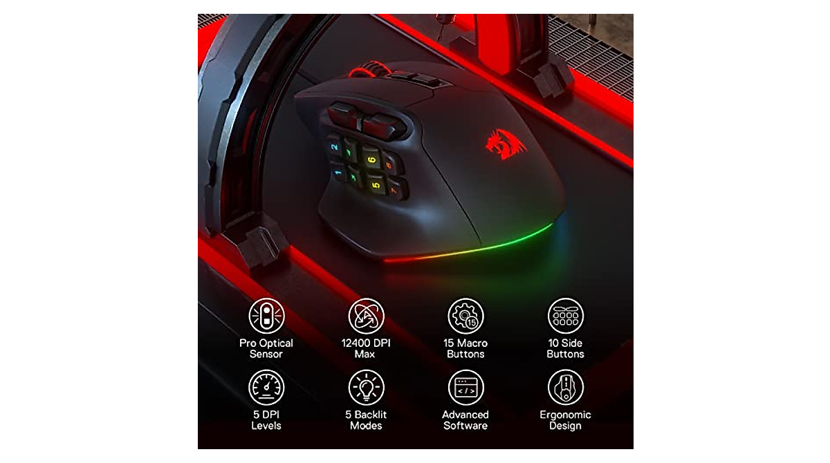 Redragon M811 Aatrox MMO Gaming Mouse - 15 Programmable Buttons